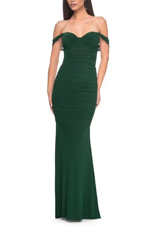 La Femme Off-the-shoulder Jersey Gown - Dark Emerald
