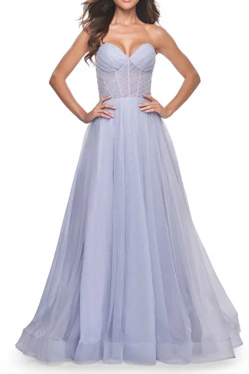 LABOMME Sweetheart Tulle And Rhinestone Prom Dress - Light Periwinkle