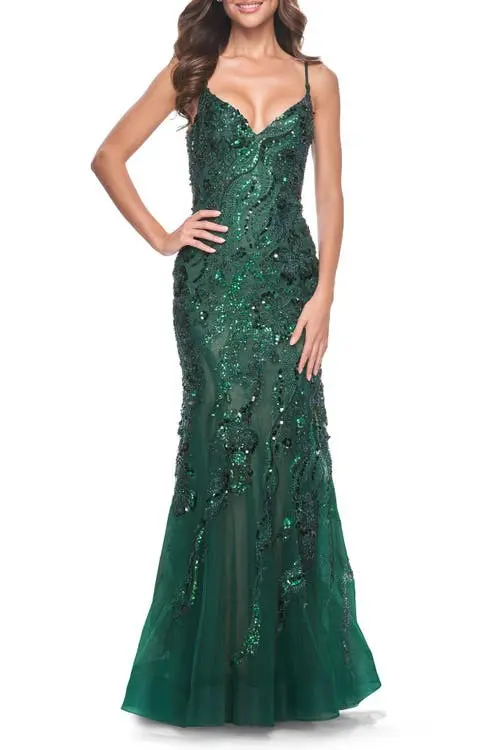 La Femme Mermaid Beaded Embellished Prom Dress - Emerald