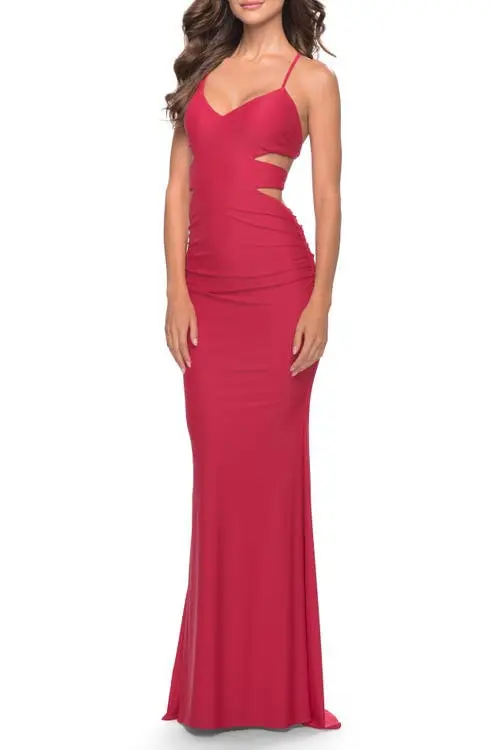 La Femme Side Cut Out Jersey Gown - Red