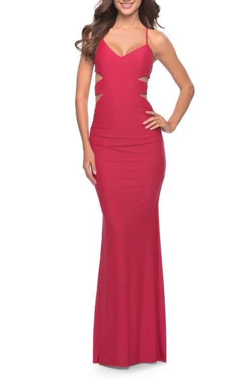 La Femme Side Cut Out Jersey Gown - Red