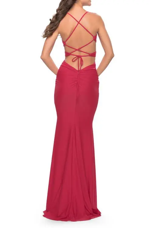 La Femme Side Cut Out Jersey Gown - Red