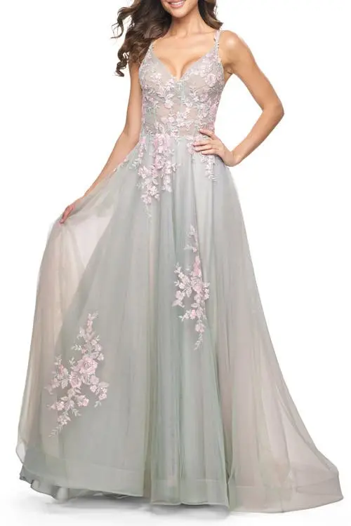La Femme Tulle A-line Gown With Lace Applique - Sage