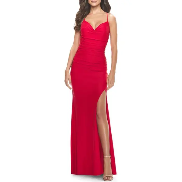 La Femme Ruched Jersey Gown With Lace-up Back - Red