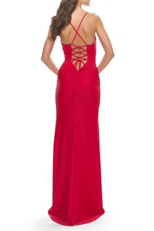 La Femme Ruched Jersey Gown With Lace-up Back - Red