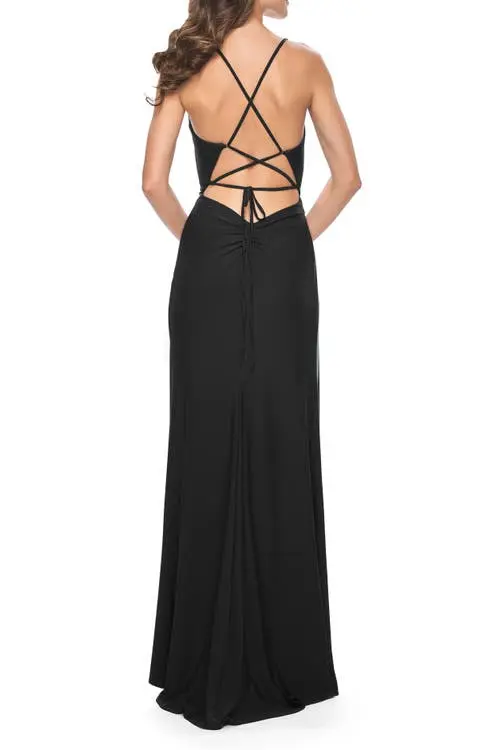 La Femme Jersey Gown With Ruching And Slit - Black