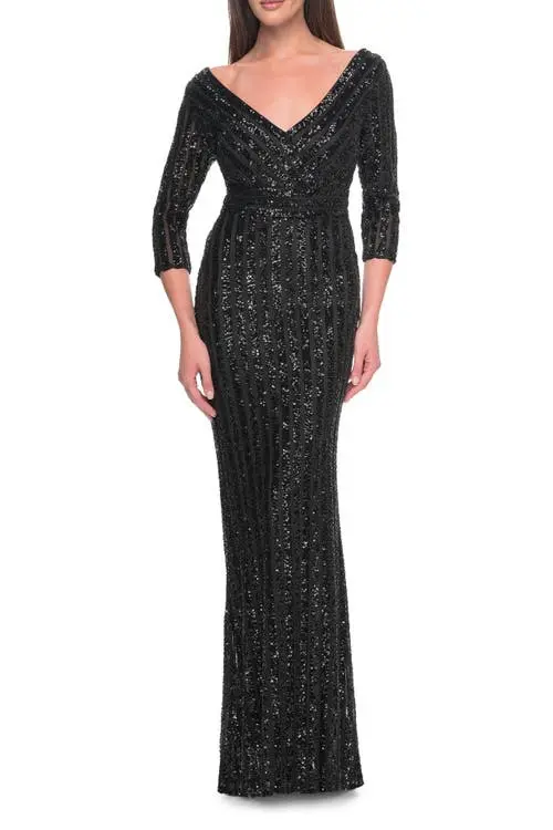 La Femme Evening Dress With Sequin Fabric And Sleeves