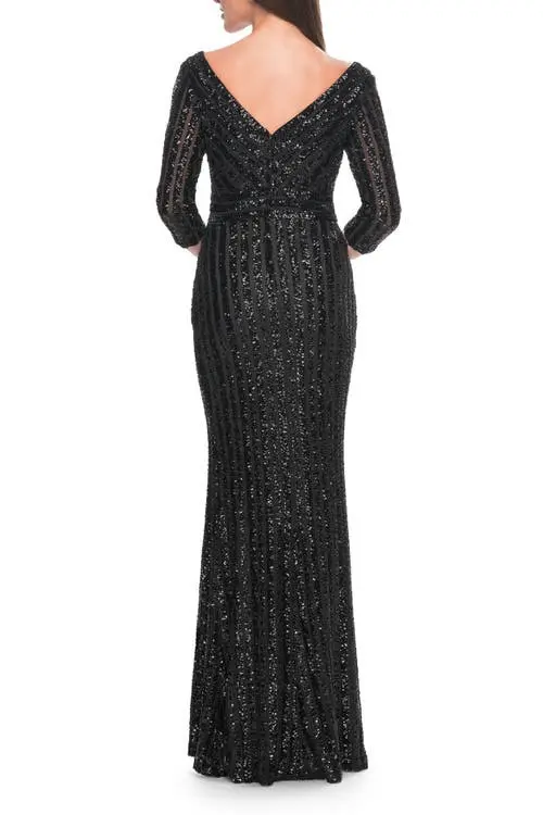 La Femme Evening Dress With Sequin Fabric And Sleeves