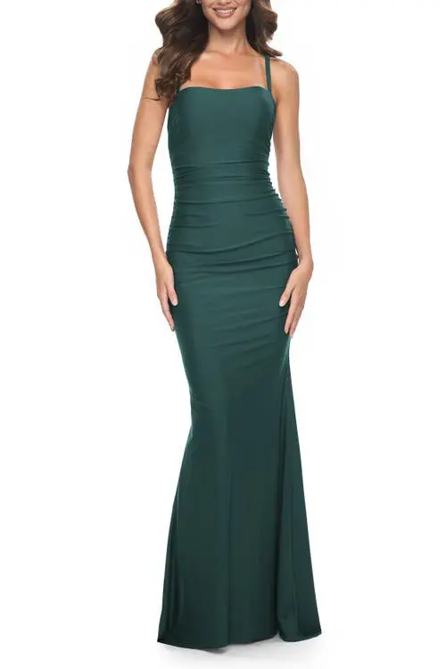 La Femme Ruched Jersey Dress With Lace Up Back - Navy