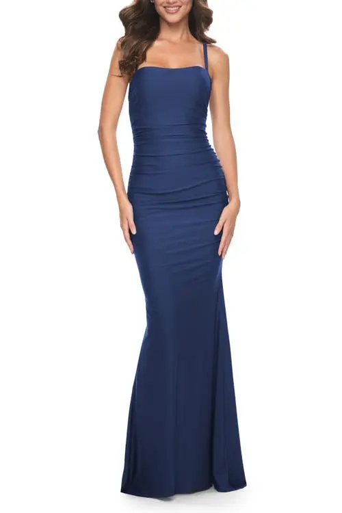 La Femme Ruched Jersey Dress With Lace Up Back - Navy