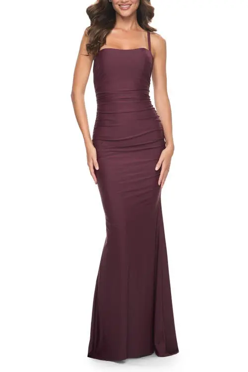 La Femme Ruched Jersey Dress With Lace Up Back - Wine
