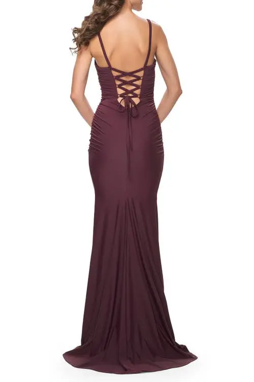 La Femme Ruched Jersey Dress With Lace Up Back - Wine