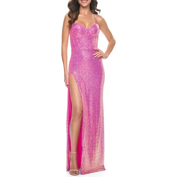 LABOMME Sequin Bustier Prom Dress - Neon Pink