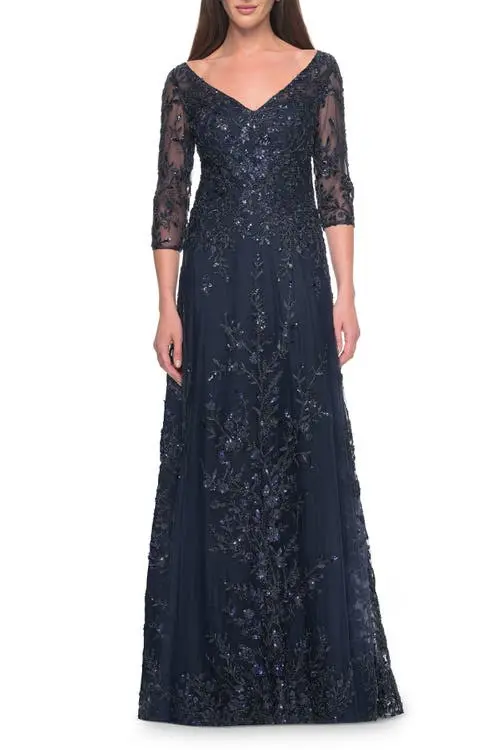 La Femme Evening Gown With Lace And Beaded Design - Navy