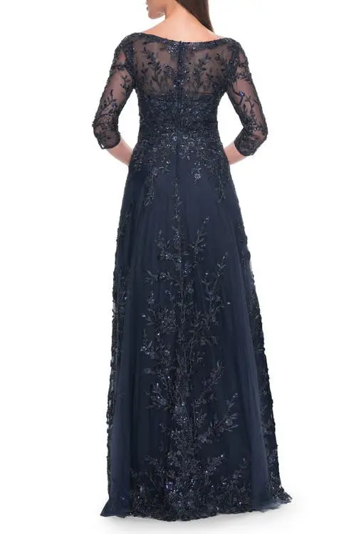 La Femme Evening Gown With Lace And Beaded Design - Navy