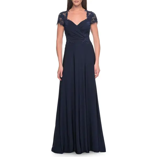 La Femme Jersey Evening Gown With Lace Details - Navy