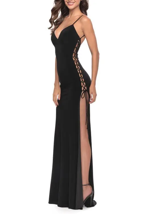 La Femme Matte Jersey Lace-up Dress - Black