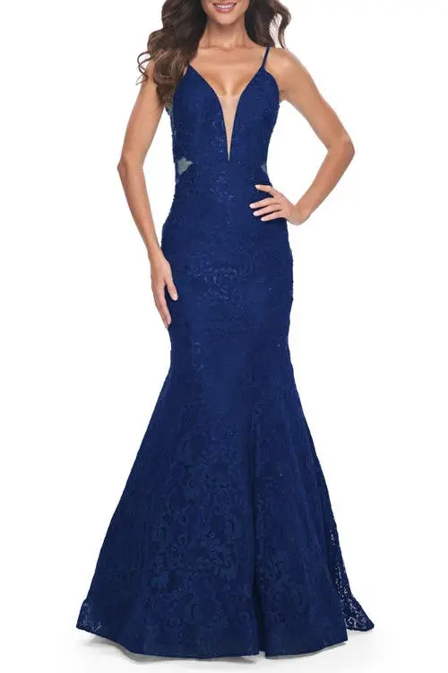 LABOMME Long Mermaid Lace Dress With Rhinestone Detail - Navy