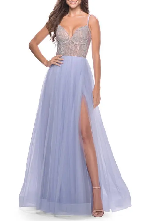 La Femme Sheer Rhinestone Bodice A-line Gown