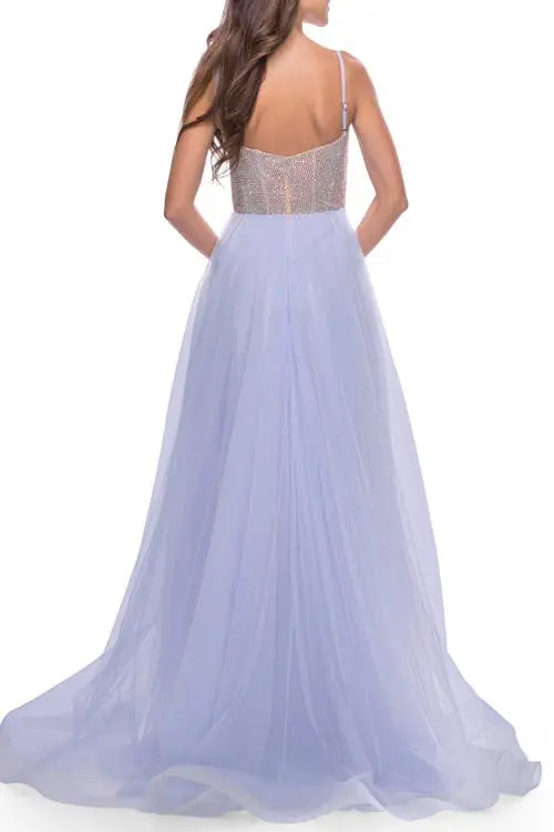 La Femme Sheer Rhinestone Bodice A-line Gown