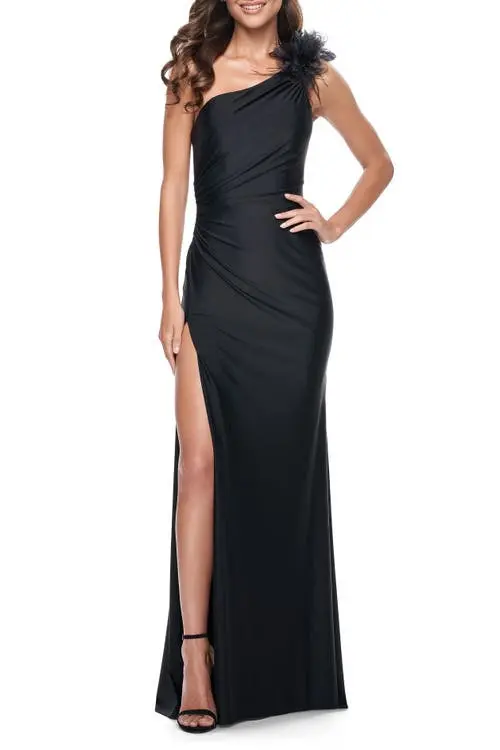 La Femme One-shoulder Feathered Jersey Gown - Black