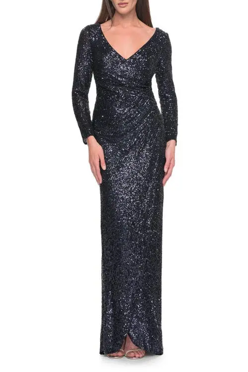 La Femme Long Sleeve Sequin Evening Gown - Navy