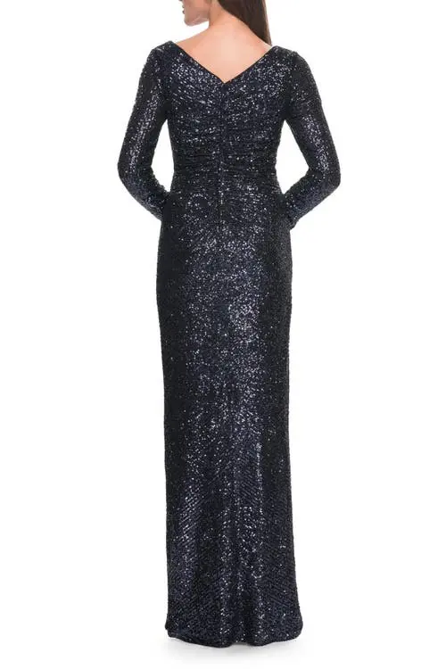 La Femme Long Sleeve Sequin Evening Gown - Navy
