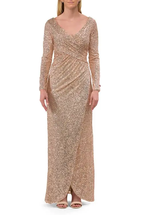LABOMME Long Sleeve Sequin Evening Gown - Rose Gold