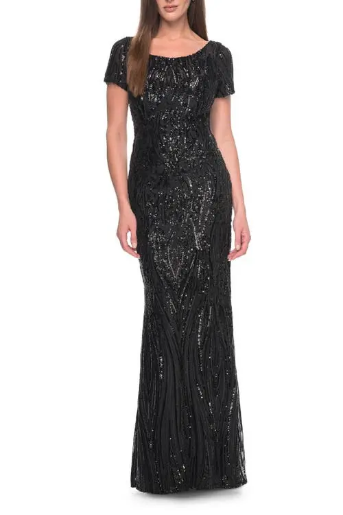 La Femme Print Sequin Evening Dress