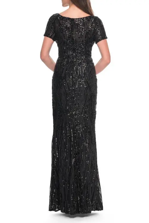 La Femme Print Sequin Evening Dress