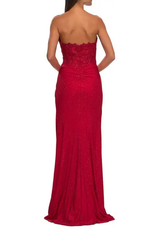 la femme red lace dress La Femme - 23923 Floral Lace Overlay with Lace- Up Open Back Prom Dress 6 / Black/Boysenberry
