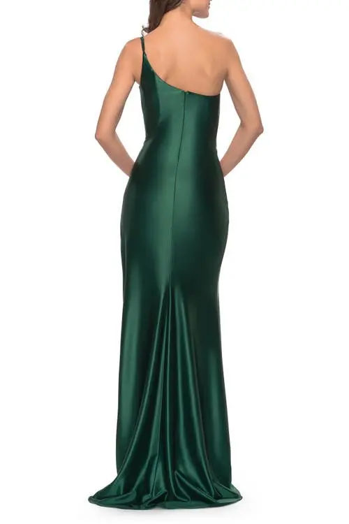 La Femme One-shoulder Liquid Jersey Gown - Dark Emerald