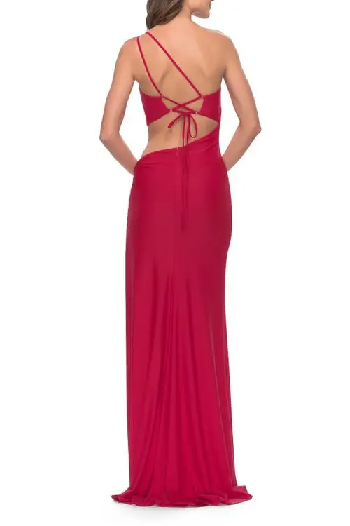 La Femme One-shoulder Gown With Cut Out - Red