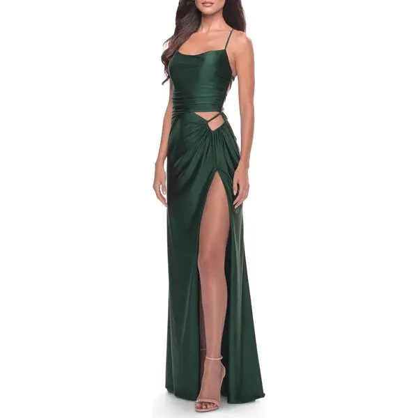 La Femme Cut Out Jersey Gown - Emerald