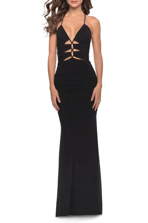 La Femme Cut Out Net Jersey Prom Gown - Black