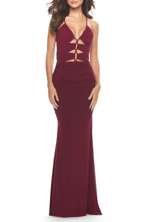 La Femme Cut Out Net Jersey Prom Gown - Dark Berry