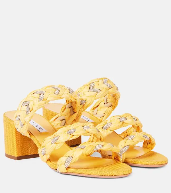 AQUAZZURA Costiera 50 Embellished Raffia Sandals - Yellow
