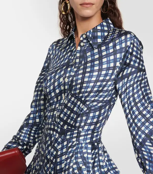Tory Burch Checked Pleated Silk Shirt Dress
