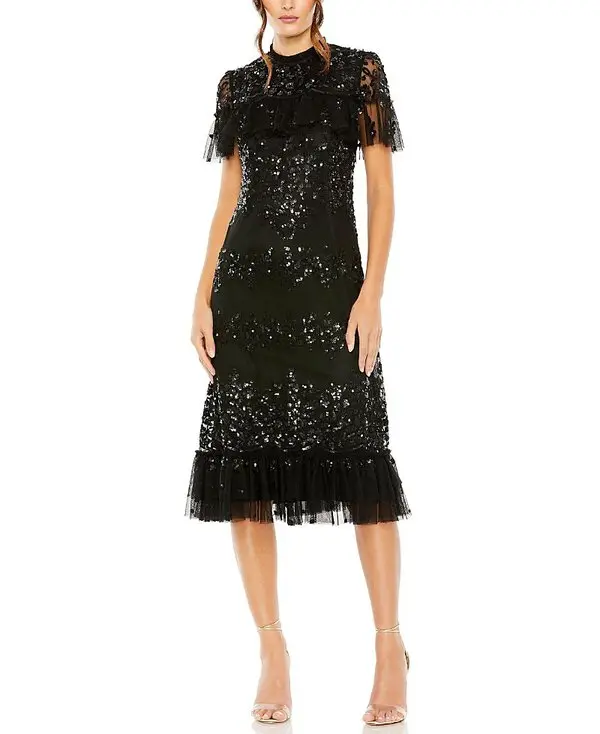 Mac Duggal Sequined High Neck Midi Dress