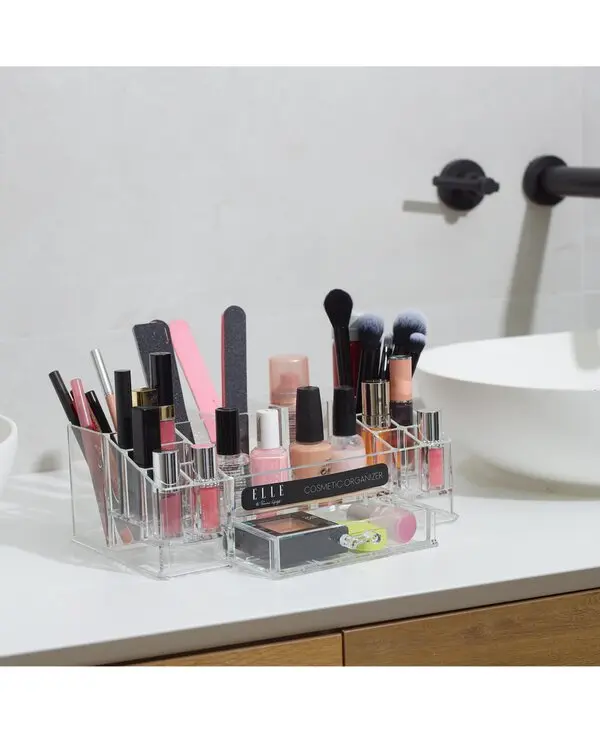 ELLE Acrylic Makeup Tray Organizerâ 16 Compartments 1 Drawer
