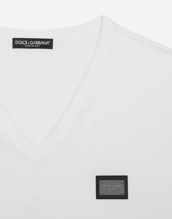 Dolce & Gabbana Cotton V-neck T-shirt With Branded Tag - White