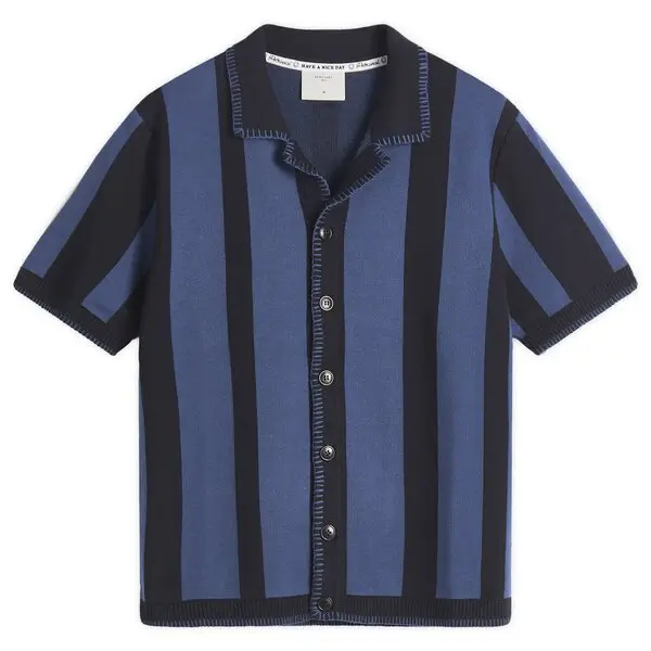 PERCIVAL Knitted Stripe Cuban Shirt - Navy