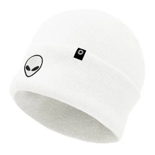 DALIX Alien Embroidered Beanie Hat - White