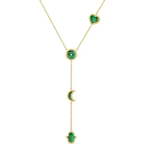 KARMA AND LUCK Malachite Multi-symbol Gold Plated Lariat Necklace - Gold/green