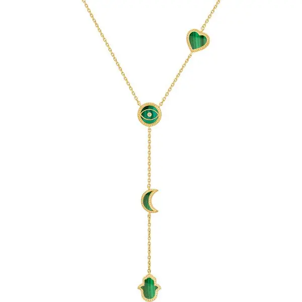 KARMA AND LUCK Malachite Multi-symbol Gold Plated Lariat Necklace - Gold/green