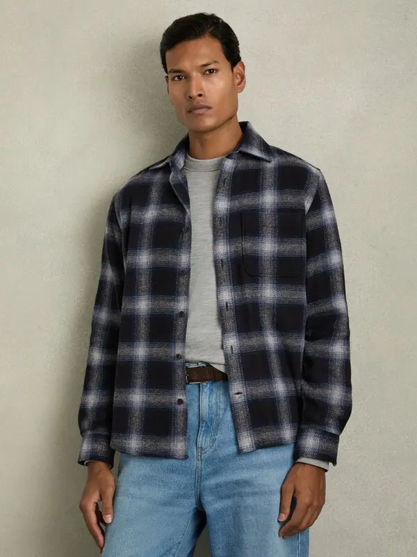 REISS Crosby Check Patch Pocket Overshirt With Wool - Navy Multi