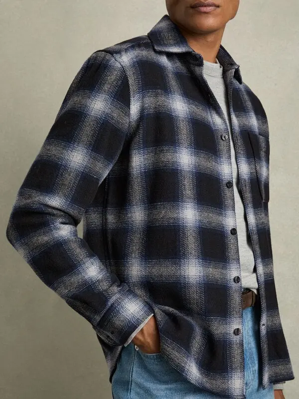 REISS Crosby Check Patch Pocket Overshirt With Wool - Navy Multi