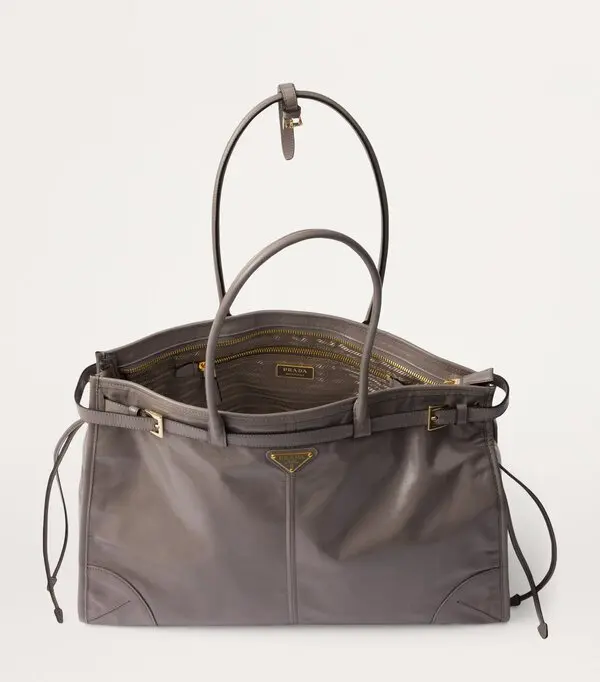 Prada Large Leather Tote Bag With Belted Detail - Grey
