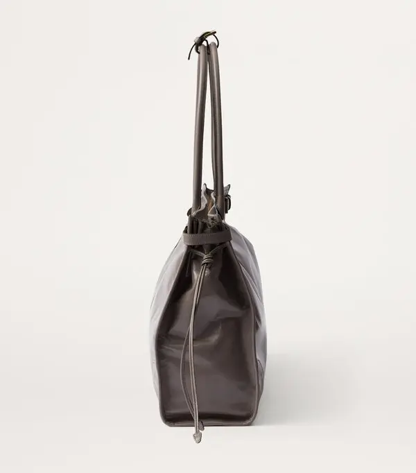 Prada Large Leather Tote Bag With Belted Detail - Grey