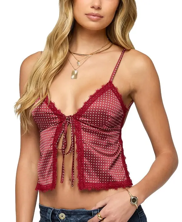 EDIKTED Backless Satin Effect Polka Dot Top - Burgundy